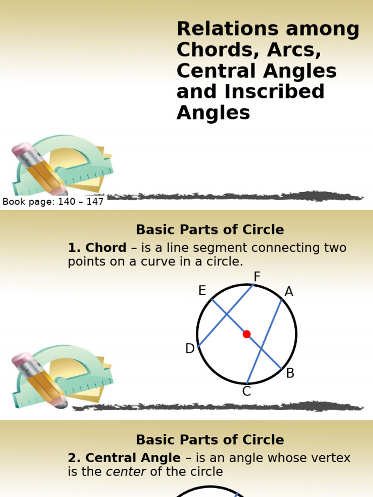 Relations Among Chords, Arcs, Central Angles and Inscribed Angles | PDF | Circle | Angle