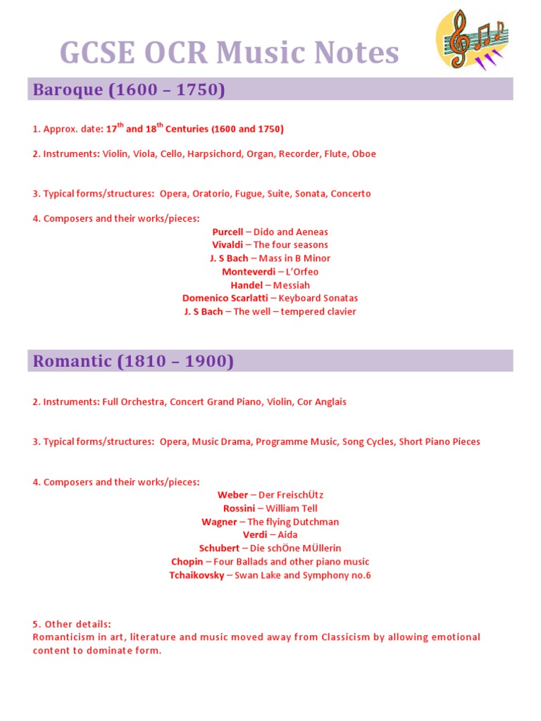 Gcse Ocr Music Notes - New Syllabus | PDF | Classical Period (Music ...
