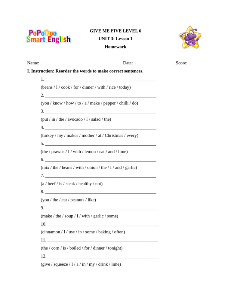 GIVE ME FIVE LEVEL 6 HW UNIT 3 L1 HOMEWORKdocx | PDF | Food And Drink | Asian Cuisine
