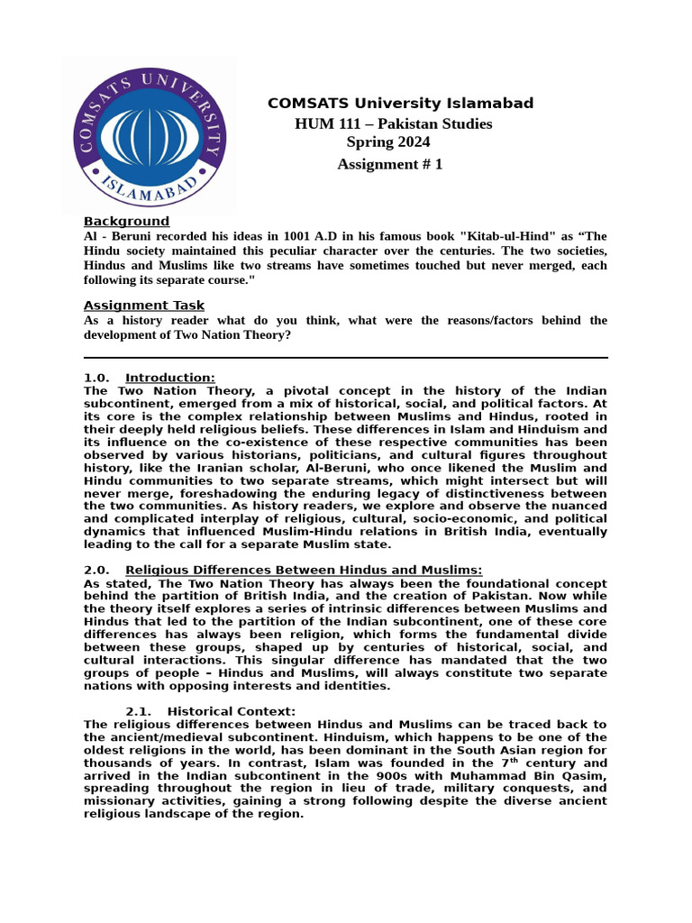 Pakistan Studies Assignment 1 | PDF | Two Nation Theory