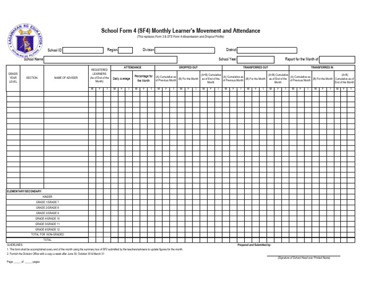 SF 4 Template Monthly Learner Movement and Attendance | PDF