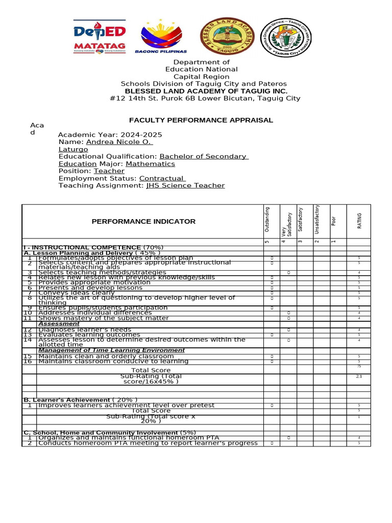 Faculty Performance Appraisal Laturgo (1) (4)_102133 | PDF | Teachers ...