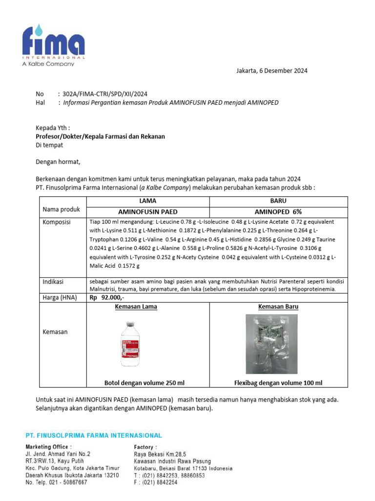 FIMA 302A Informasi Pergantian Kemasan AMINOFUSIN PAED Ke AMINOPED - General | PDF