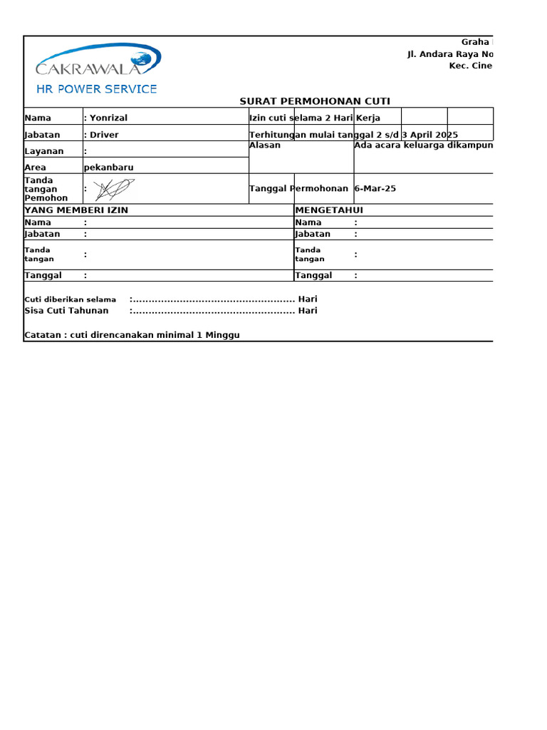 Form Cuti Yondrizal | PDF