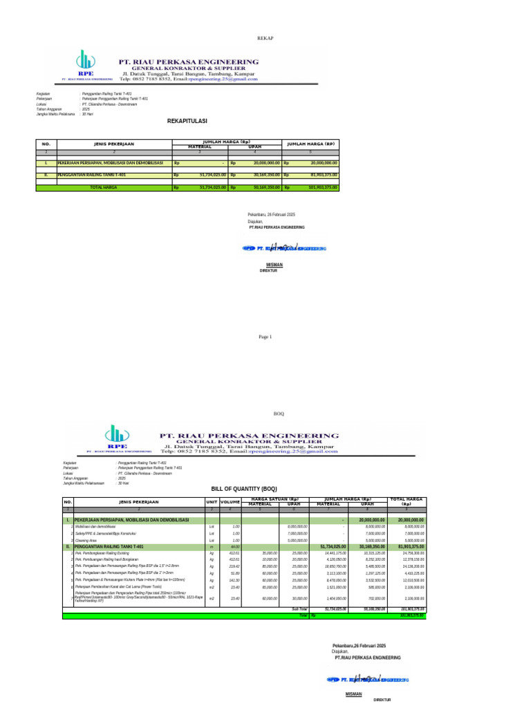 Boq Penggantian Railing Tanki T-401 | PDF