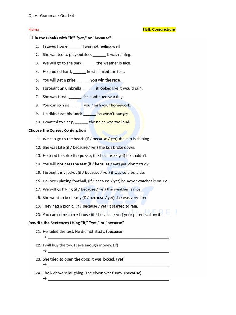 Conjunctions - If Yet Because WS 1 | PDF