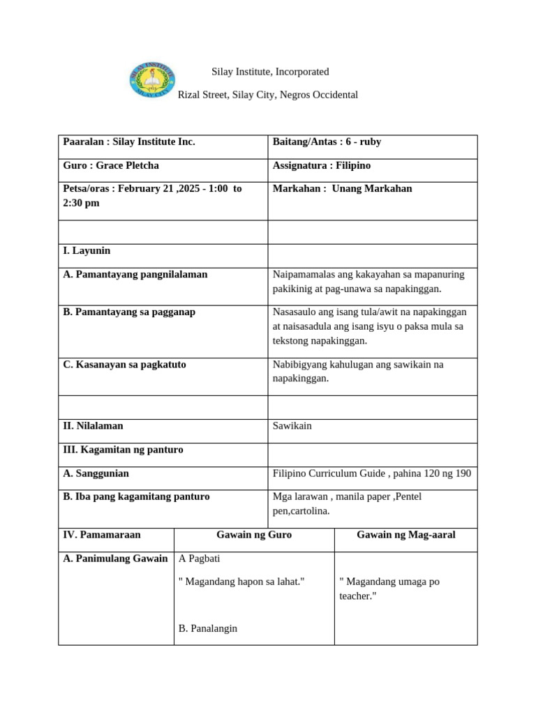 Detailed Lesson Plan | PDF