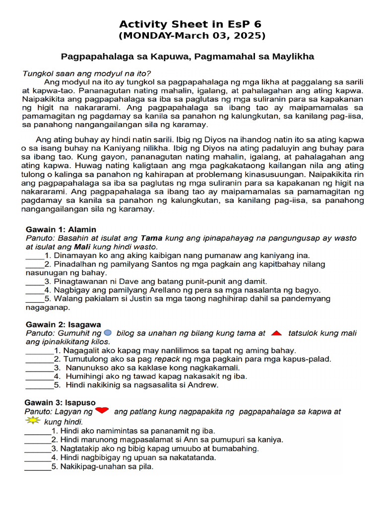 Activity Sheet in EsP6-Modular | PDF