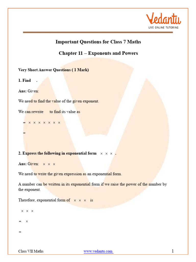 Important Questions Class 7 Maths Chapter 11 Exponents and Powers PDF ...