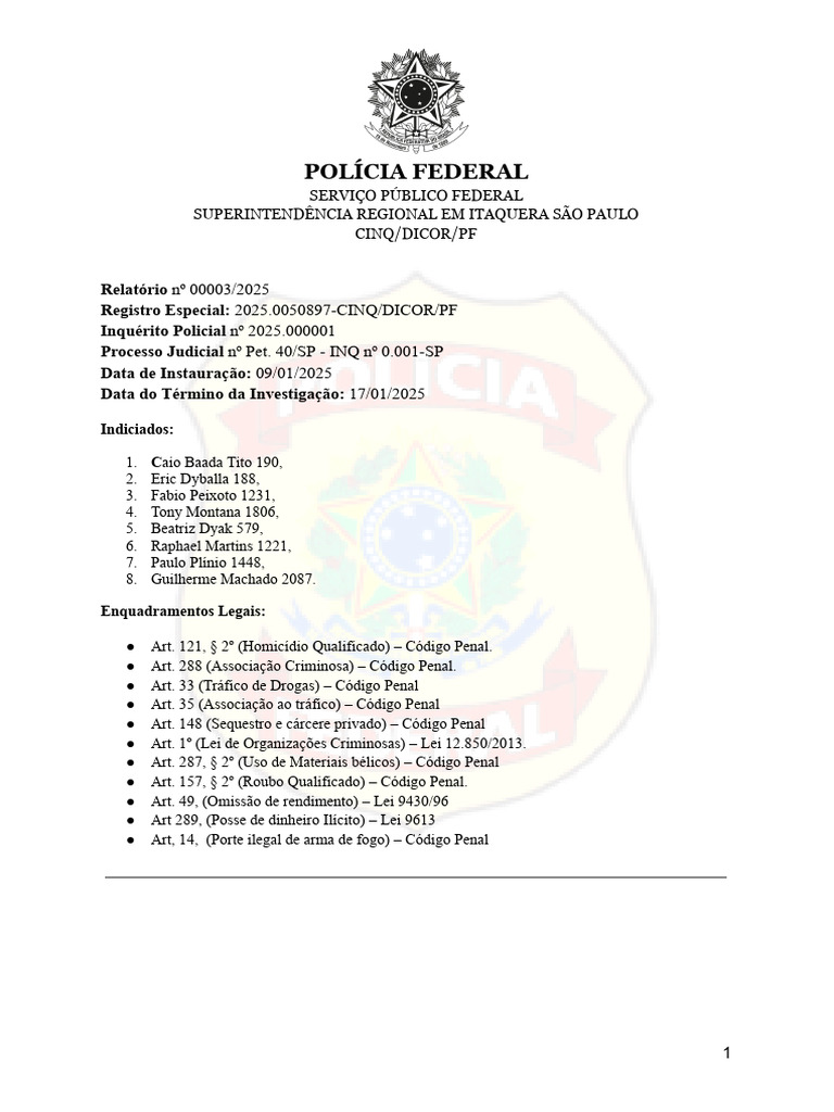 Relatório de Inquérito Policial 2025 | PDF | Crime organizado | Roubo