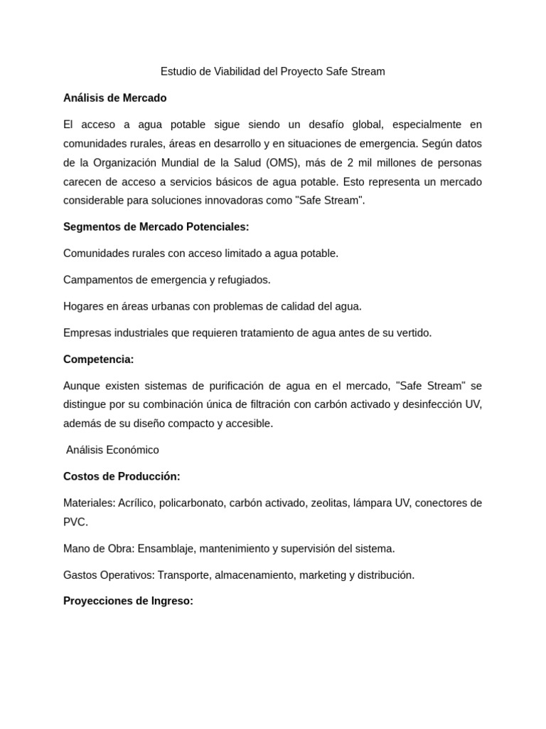 Estudio de Viabilidad Del Proyecto Safe Stream | PDF | Agua | Mercado (economía)