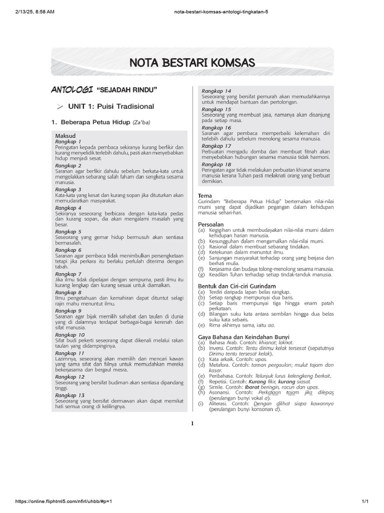 Nota Bestari Komsas Antologi Tingkatan 5 | PDF