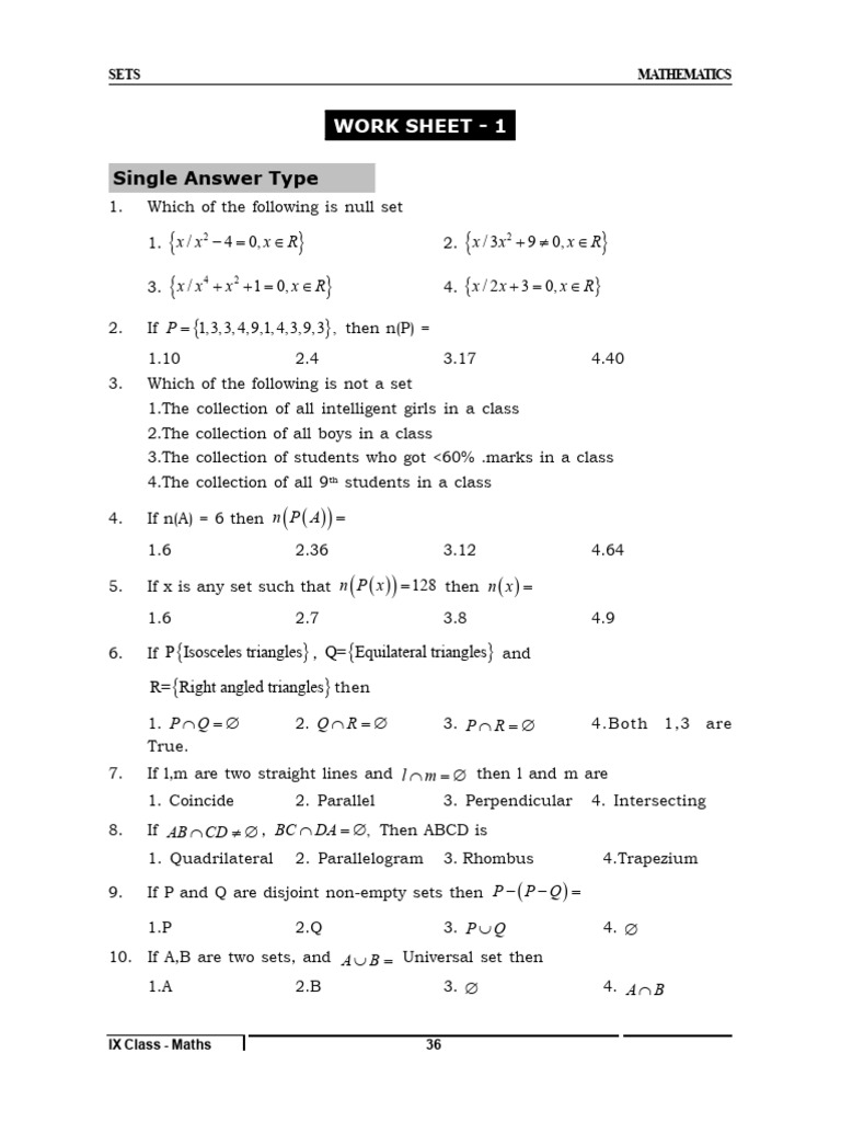 Sets worksheet | PDF