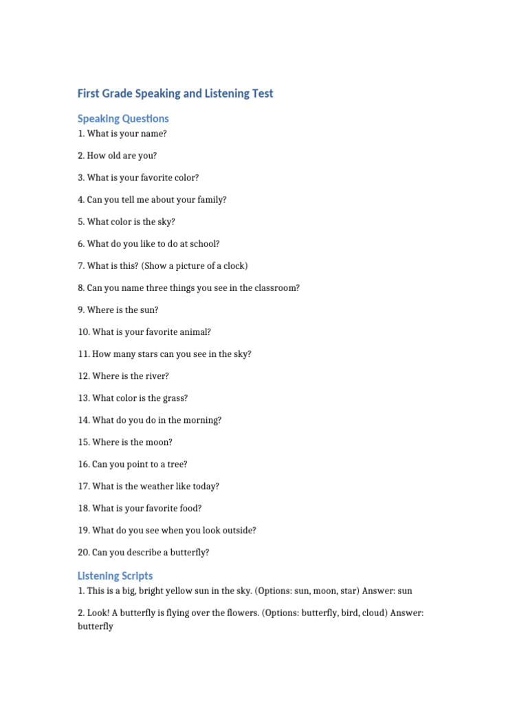 First Grade Speaking & Listening Test | PDF