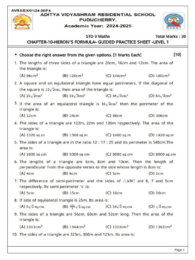 Heron's Formula Class 9 WS | PDF