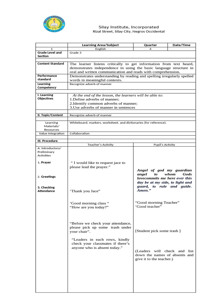 lesson plan english | PDF | Learning | Human Communication