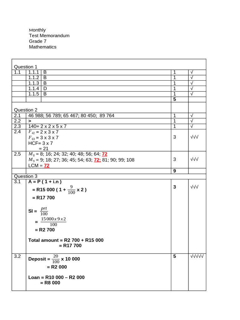 Grade 7 Math Test Memorandum | PDF