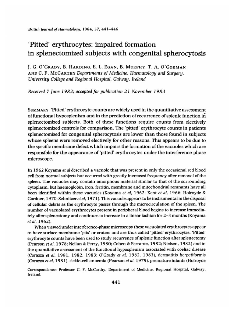 Pitted' Erythrocytes: Impaired Formation Splenectomized Subjects With ...