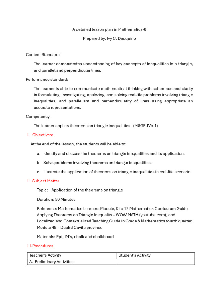 Triangle Inequality Theorems Lesson Plan | PDF | Triangle | Mathematics