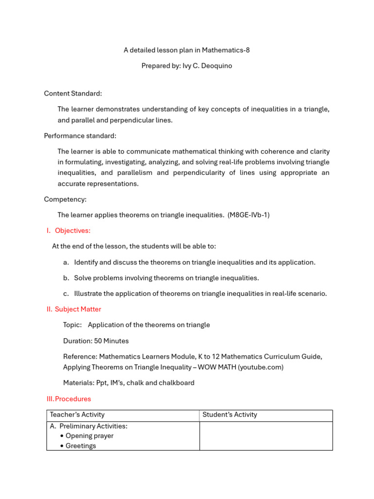 Triangle Inequalities Lesson Plan | PDF | Triangle | Mathematics