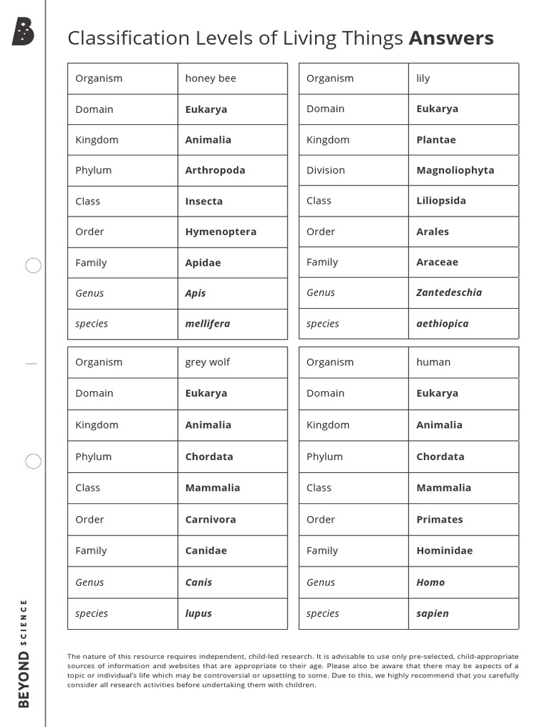 Classification Levels of Living Things Worksheet - Answers | PDF
