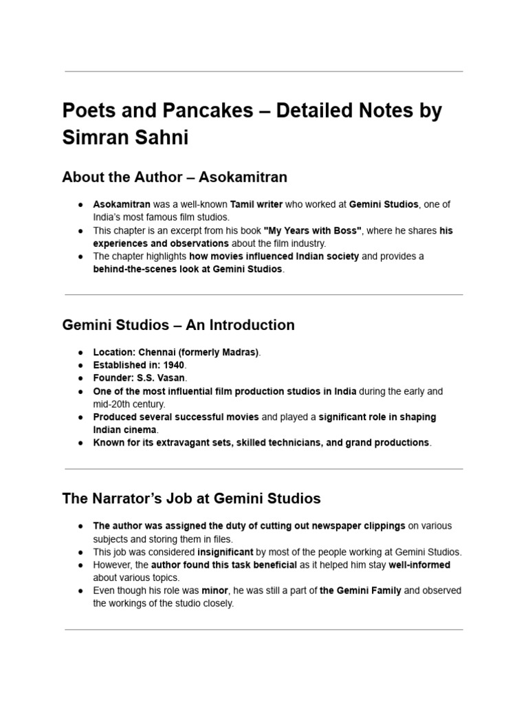 Poets and Pancakes - Detailed Notes by Simran Sahni | PDF