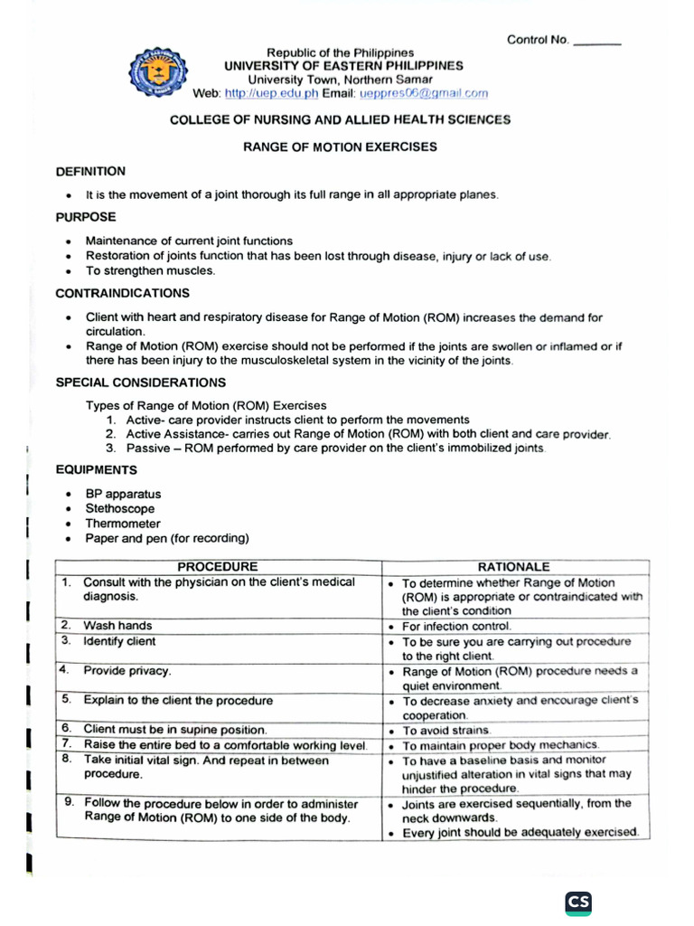 RANGE-OF-MOTION-EXERCISES-PROCEDURES-CHECKLIST | PDF