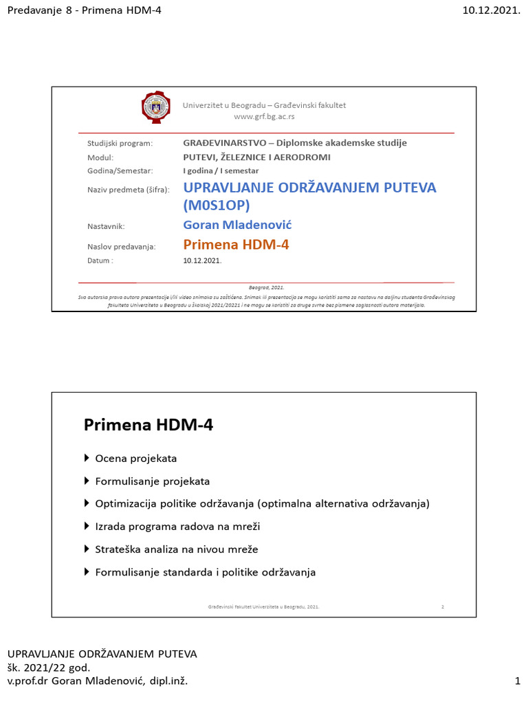 Predavanje 8 Primena HDM 4 1639111909741 | PDF