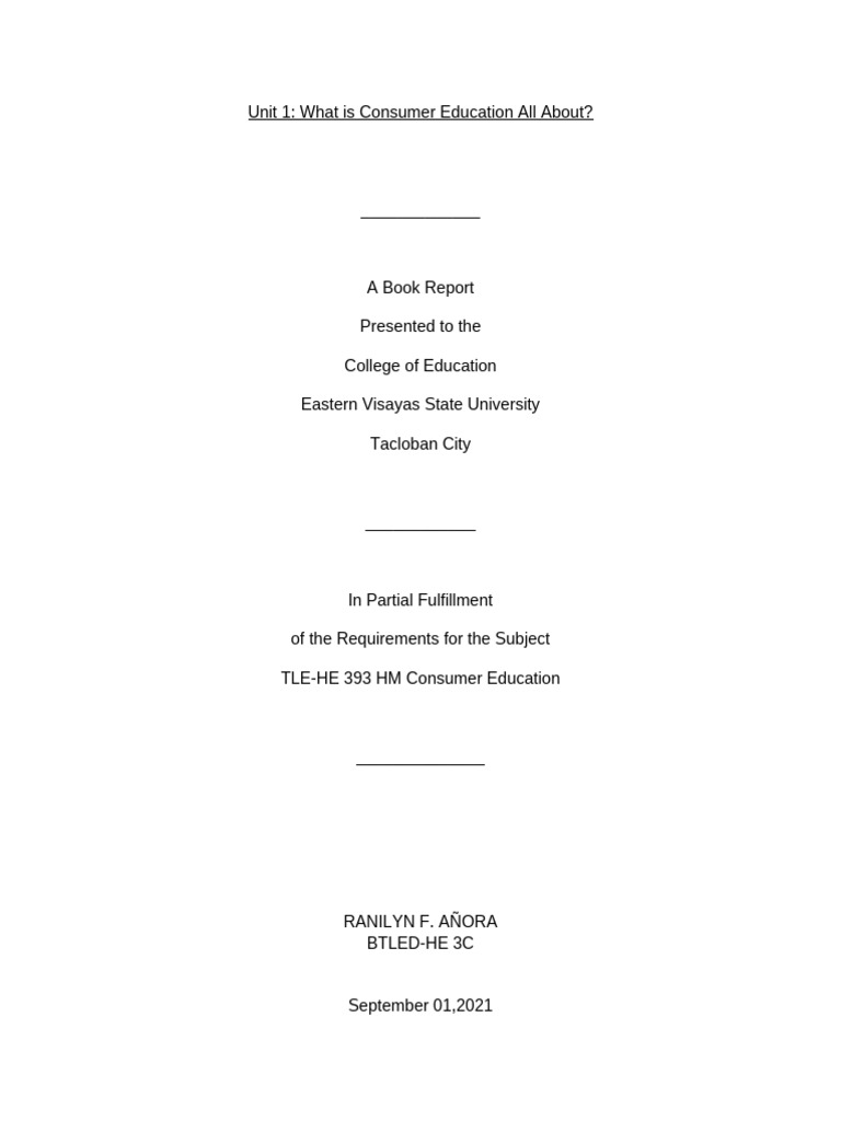 Book Report in Consumer Education | PDF | Teachers | Economies