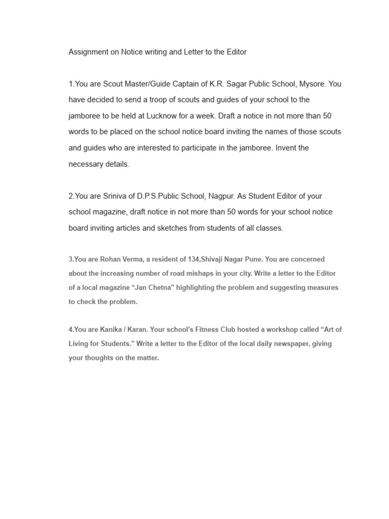 Assignment On Notice Writing and Letter To The Editor | PDF