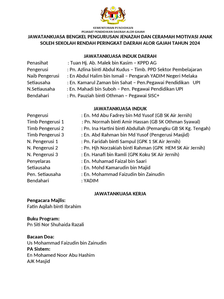 AJK Dan Tentatif Program Bengkel Pengurusan Jenazah & Anak Soleh 2024 | PDF