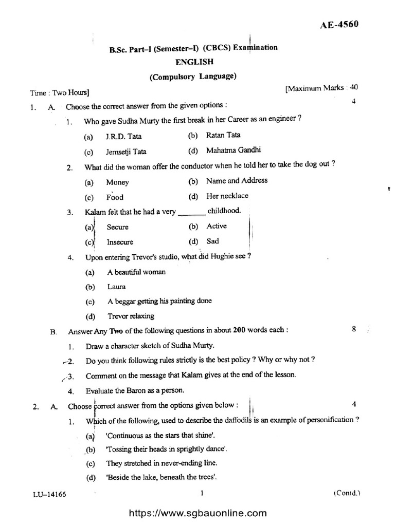 BSC 1 Sem English Ae 4560 2023 | PDF