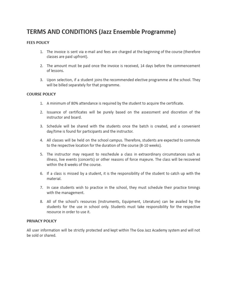 Jazz Ensemble Programme Terms & Policies | PDF