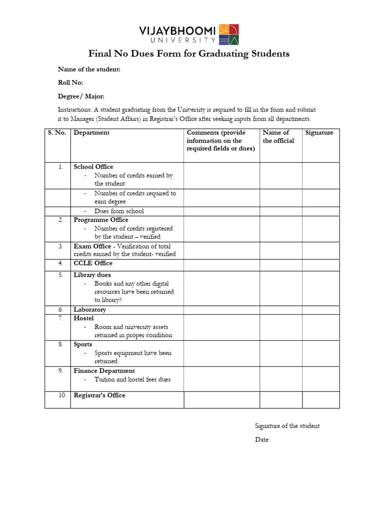 Final No-Dues Form For Graduating Students | PDF