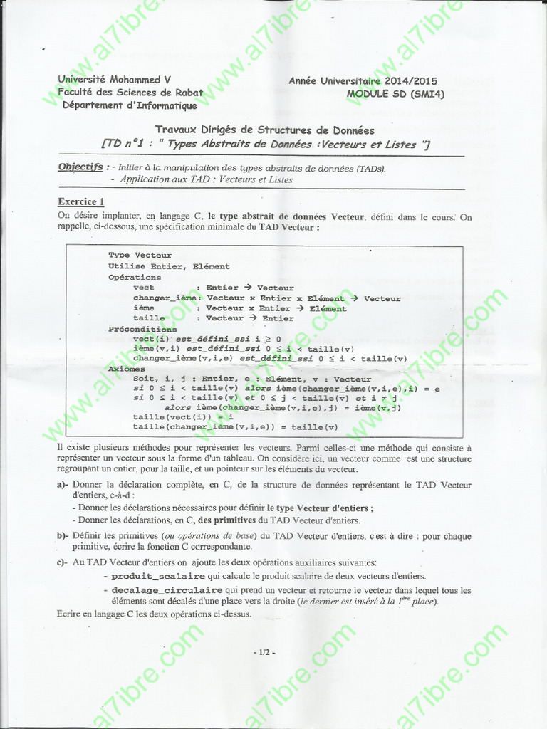 (WWW - Al7ibre - Com) Structures de Donnes - SMI - S4 FSR TD1 | PDF