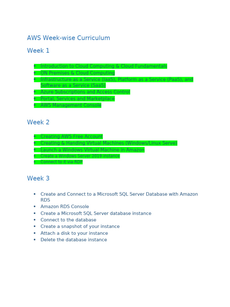 completed AWS Weekwise Curriculum | PDF