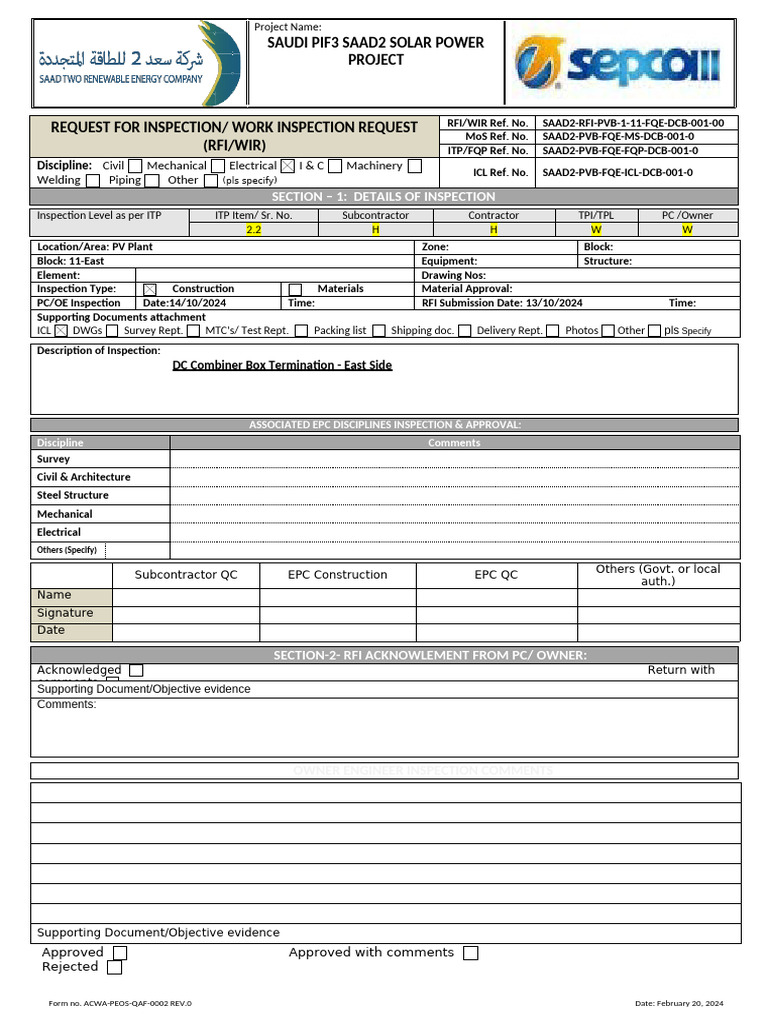 Saudi PIF3 SAAD2 Solar RFI Inspection Report | PDF