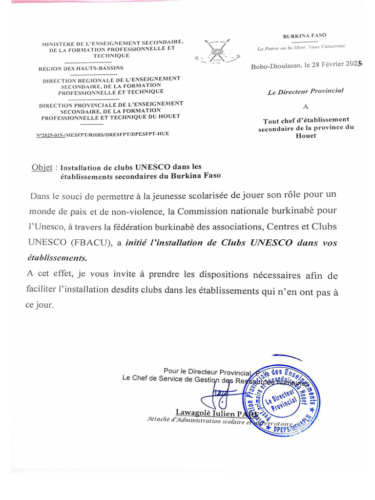 Note Relative À L'installation de Clubs UNESCO | PDF