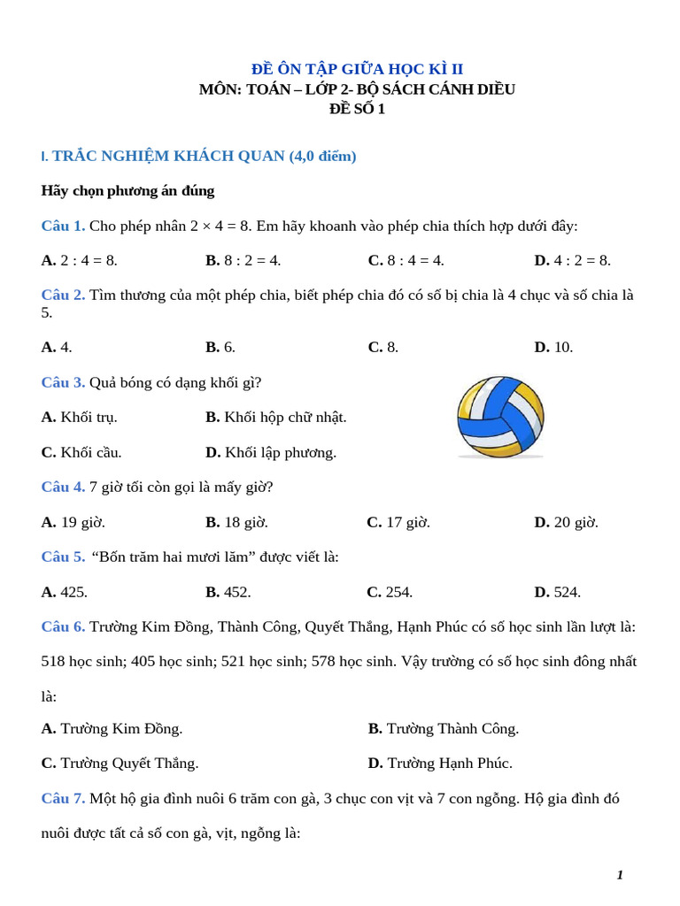 ĐỀ ÔN TẬP GK2-MÔN TOÁN 2 BỘ SÁCH CTST-CD-KNTT | PDF