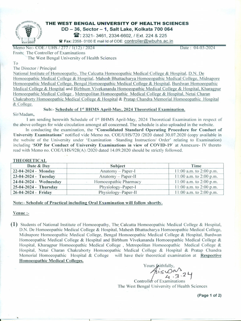 Schedule of 1st BHMS April May 2024 Theoretical Examination | PDF