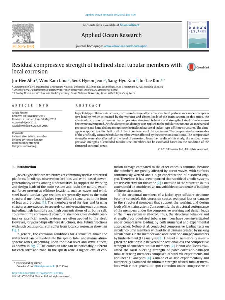 Residual Compressive Strength of Inclined Steel Tubular Members With ...