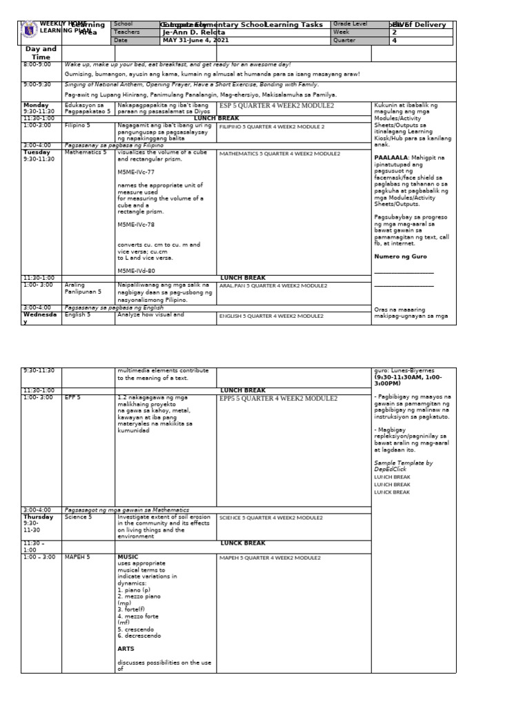 WHLP - Grade 5 (Q4 Week 2) | PDF