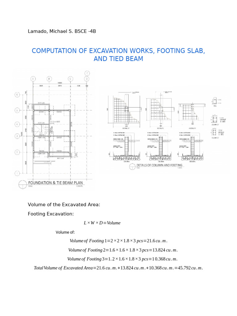 Lamado - Computation of Excavation Works, Footing Slab, and Tied Beam | PDF | Concrete ...