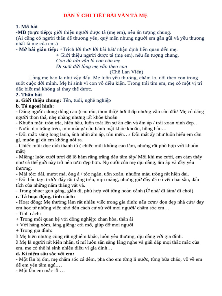 DÀN Ý CHI TIẾT TẢ MẸ | PDF