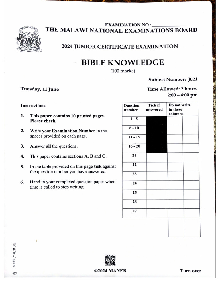 Bible Knowledge 2024 Jce Maneb | PDF