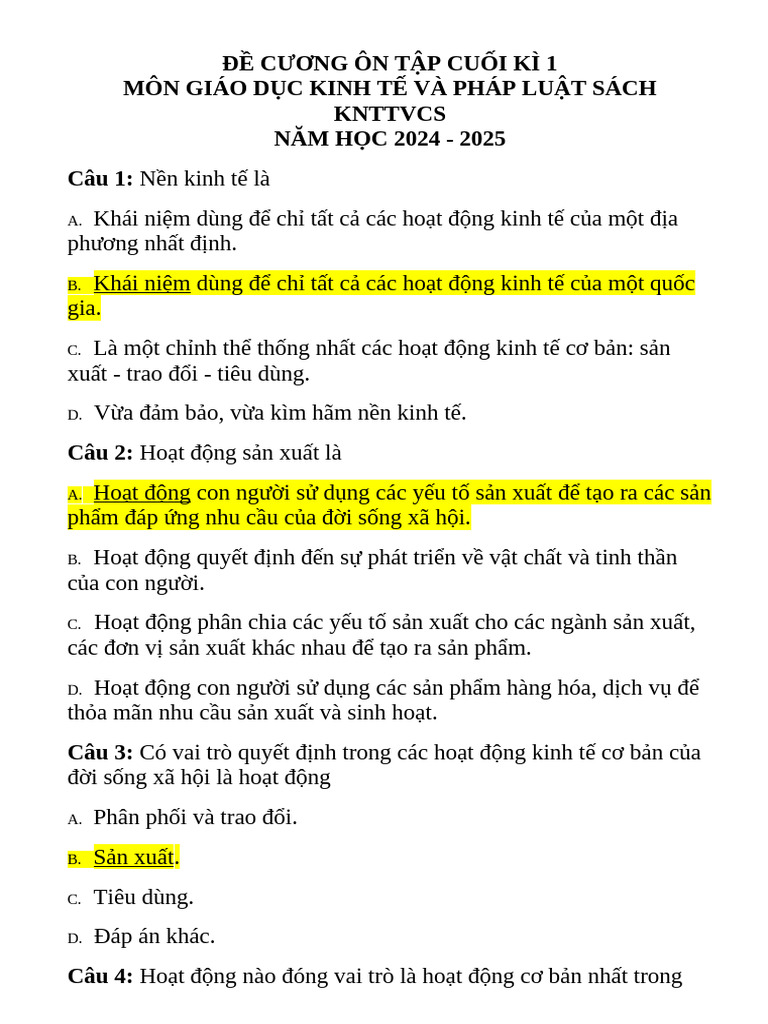ĐỀ CƯƠNG ÔN TẬP HỌC KỲ I KTPL 10 (2) | PDF