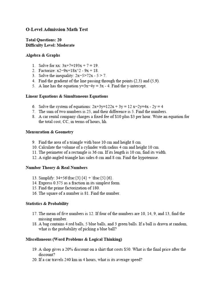 O Level Admission PT - AM | PDF | Equations | Area
