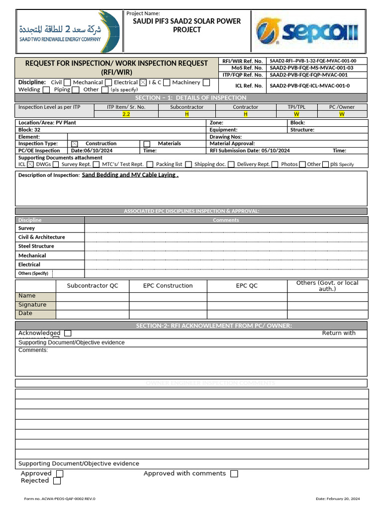 Revised New RFI Format (MVAC-LAYING | PDF