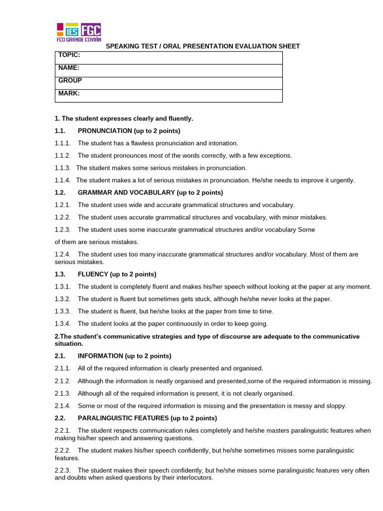 Oral Presentation Evaluation Sheet | PDF | Fluency | Cultural Assimilation