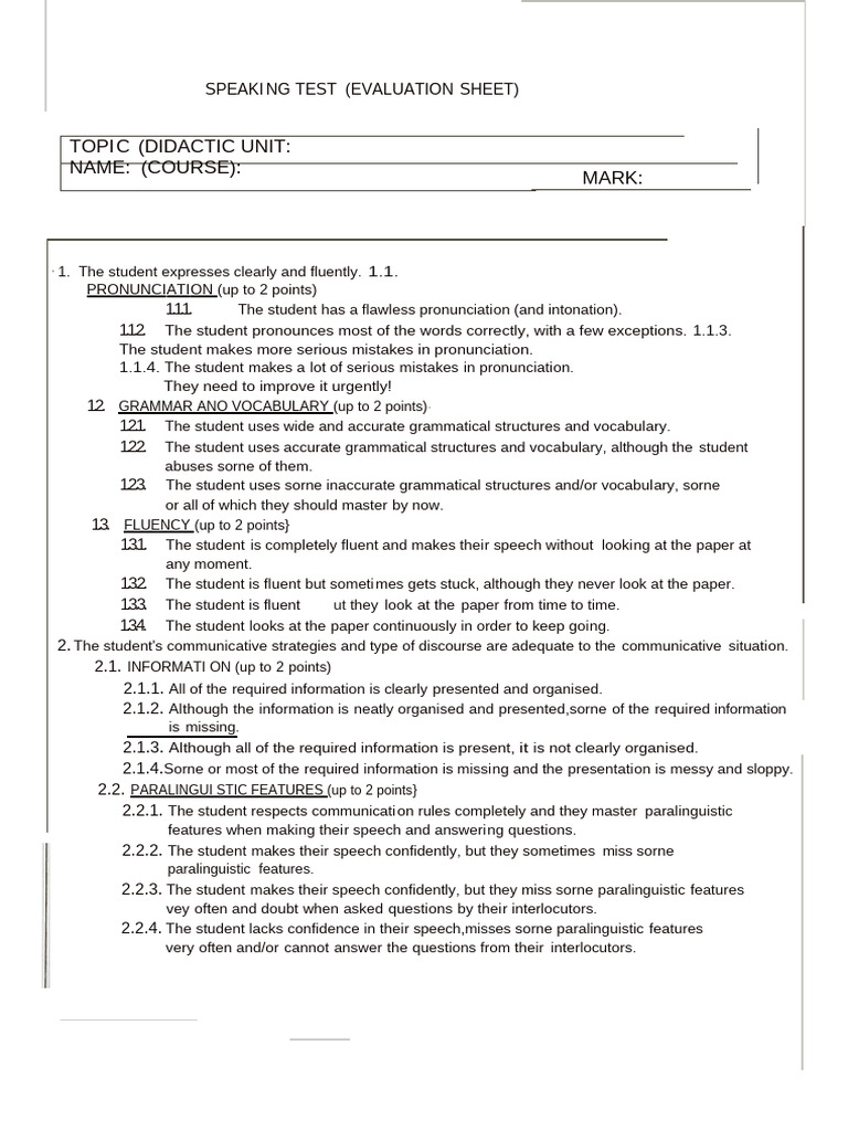 Speaking Test (Evaluation Sheet) | PDF | Grammar | Psycholinguistics